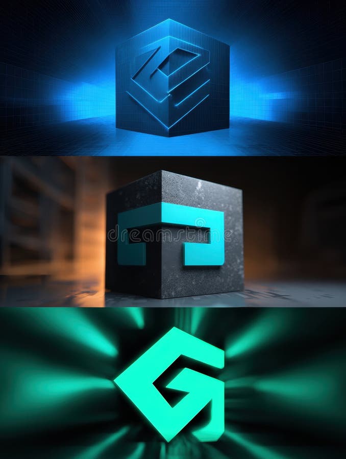 Visual Display of Three Dimensional Logos with Glowing Elements in Blue ...