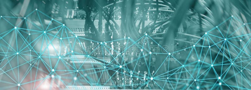 Visual Effect Connection Network in Servers Data Center Room. Elongated ...