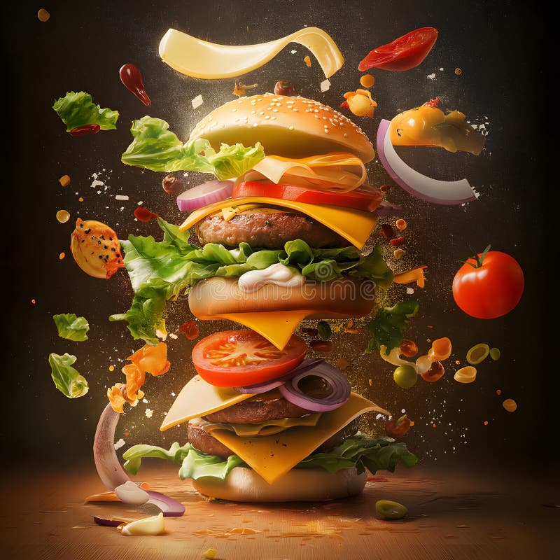 Visual Explosion of Burger Ingredients Stock Photo - Image of midair ...