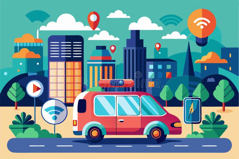 This Visual Features a Colorful Urban Scene with Transportation ...