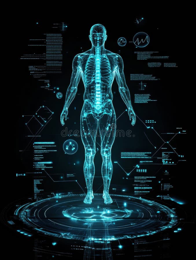 This Visual Features a Holographic Human Figure Displaying Intricate ...