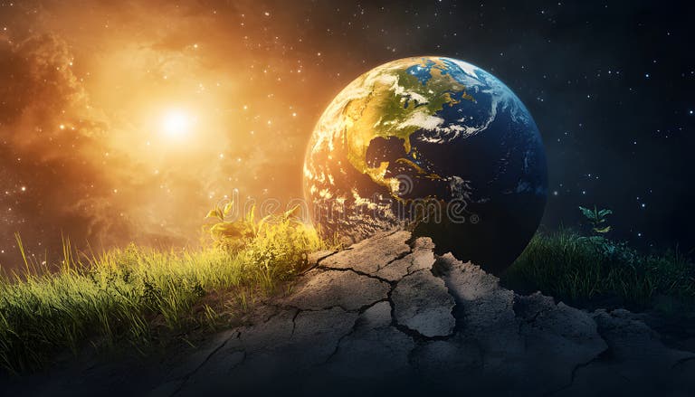 Visual of Global Challenges One Half Green, Arid Cracked Earth ...