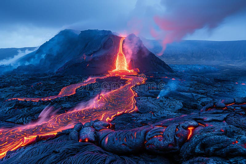 Visual Highlighting Night, Red Lava Flows on the Ground of an Active ...