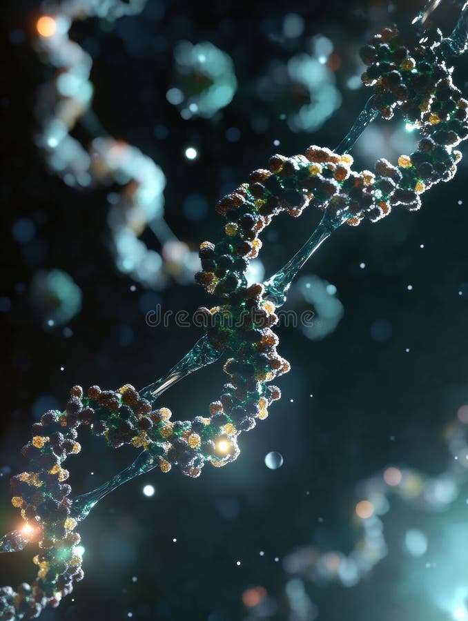 Close Up View of a Molecular RNA Chain Surrounded by Viruses in a Dark ...