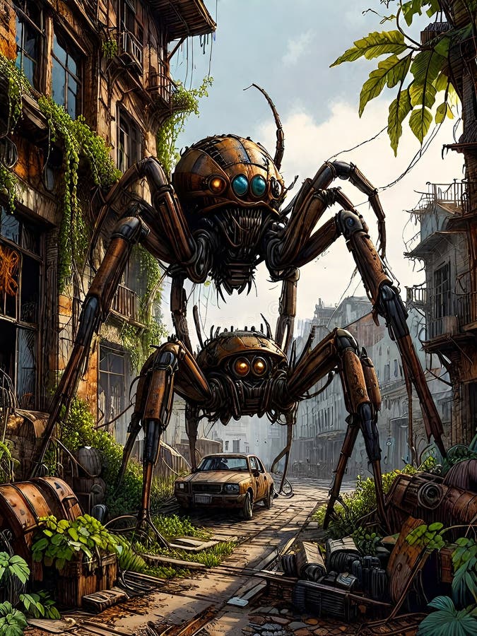 Two Large Spiders Walking Down a Street in Abandoned City Stock Image ...