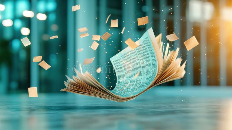 A Visual of an Open Book Surrounded by Floating Pages, Representing ...