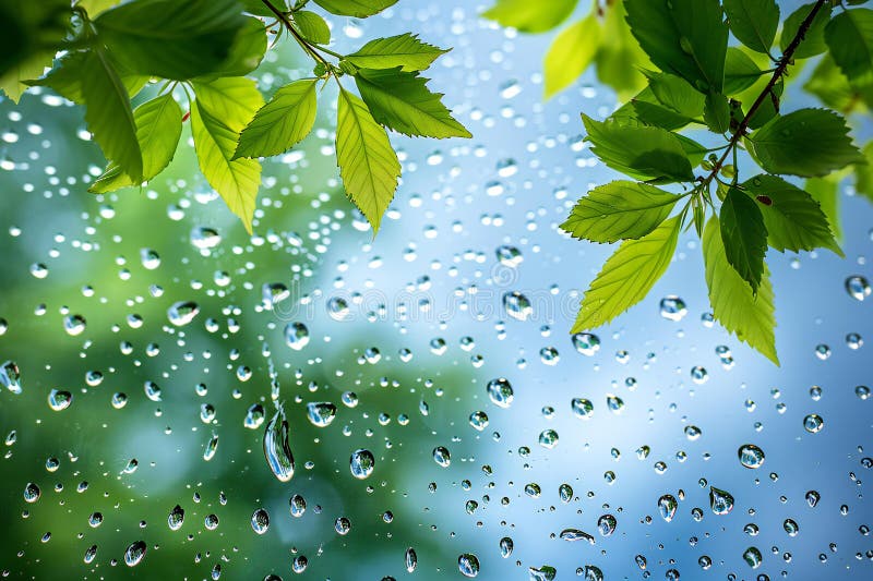 Visual Presenting Raindrops on Window Glass, Spring Nature Background ...
