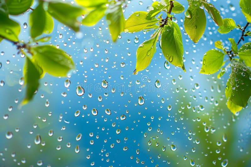 Visual Presenting Raindrops on Window Glass, Spring Nature Background ...