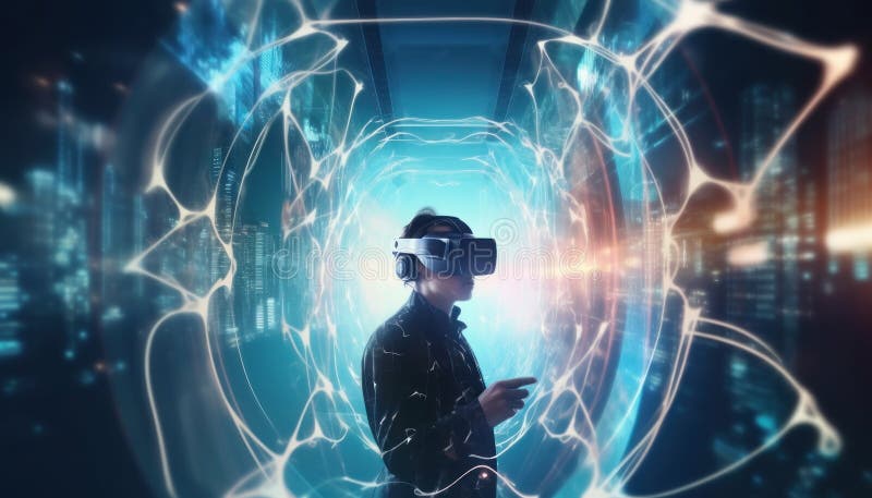 Visual Reality Concept. Young Man Using Visual Reality or VR Headset ...