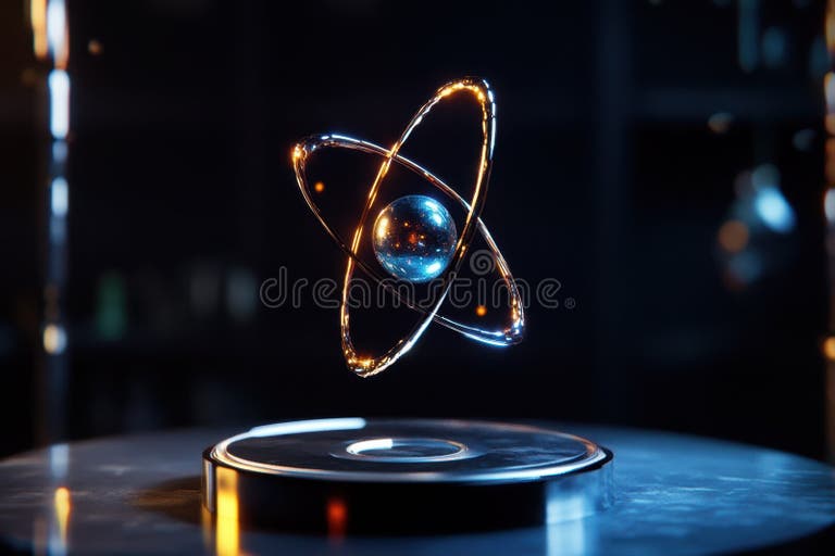 Visual Representation of an Atom in a Futuristic Setting with Glowing ...