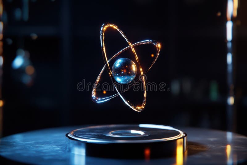 Visual Representation of an Atom in a Futuristic Setting with Glowing ...