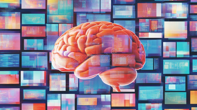 Visual Representation of a Brain Engulfed by Screens Showcasing Vivid ...