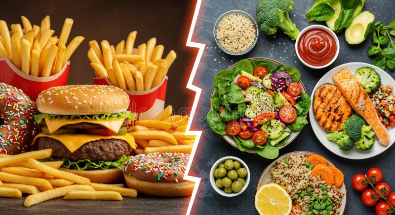 Contrast of Healthy and Unhealthy Food, Fast Food Vs Fresh Produce ...