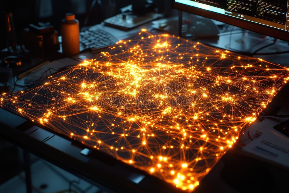 Visual Representation of a Complex Network with Glowing Connections on ...