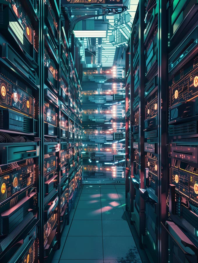 Visual Representation of a Cryptocurrency Mining Farm with Rows of ...