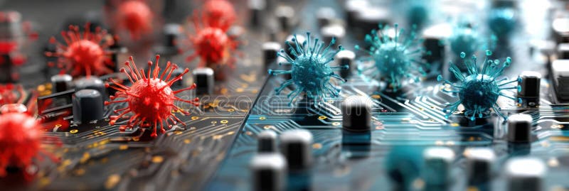 Cyber Attack Depicted with Red and Blue Virus Particles on a Circuit ...