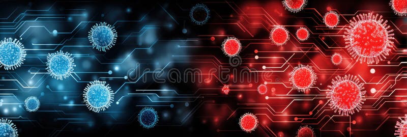 Cyber Attack Concept Featuring Red and Blue Virus Particles on Digital ...