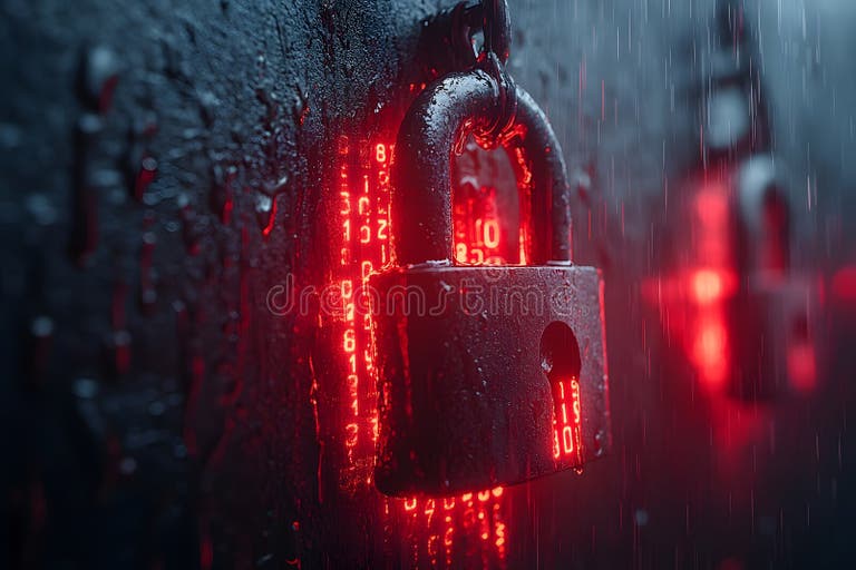 Cybersecurity Concept: Lock Against Digital Data with Red Light in Rain ...