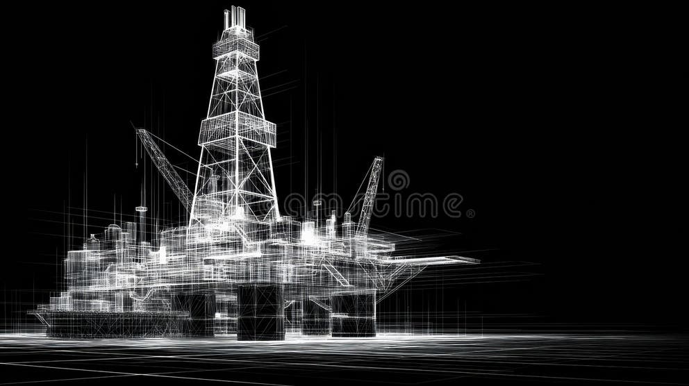 Detailed 3D Wireframe Model of an Oil Rig Displayed Against a Black ...