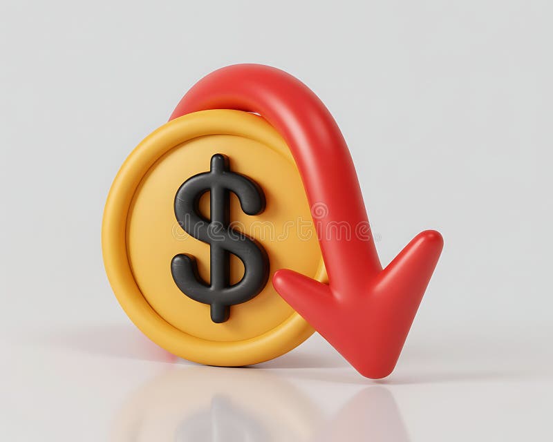 Decreasing Value Concept with Dollar Coin and Red Arrow on White ...