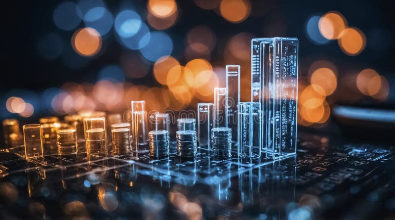 Visual Representation of Financial Data with Glass Charts and Coins on ...