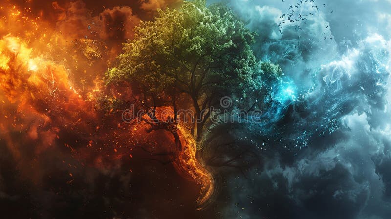 A Visual Representation of Fire and Water Elements with a Central Tree ...