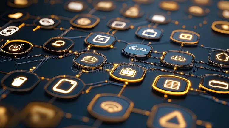 Visual Representation of a Global Network with Digital Icons Highlighting Data Transfer and ...