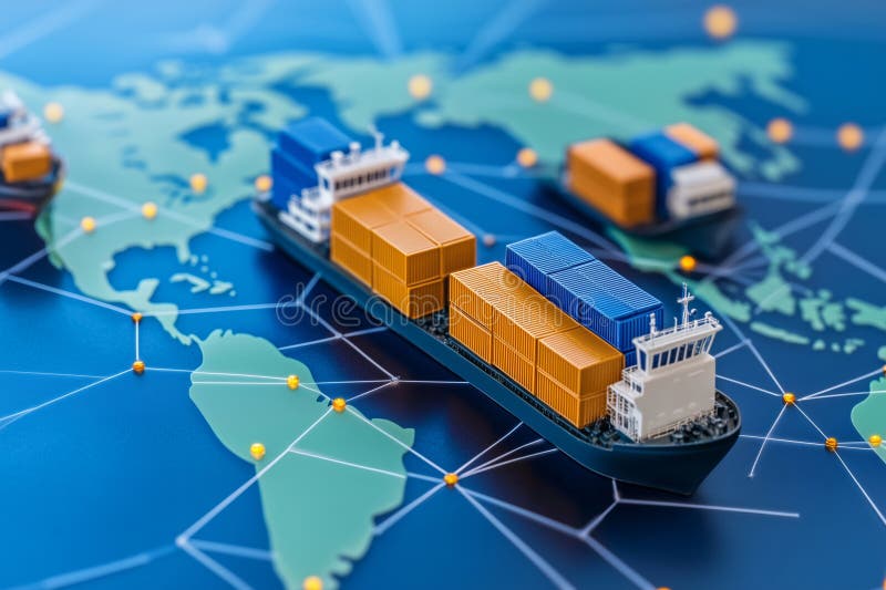 Visual Representation of Global Trade Routes with Cargo Ships on a Map ...