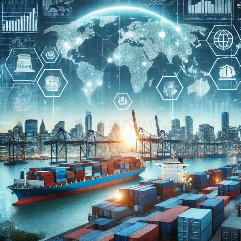 Visual Representation of Global Trade, Showcasing Trucks and Containers ...