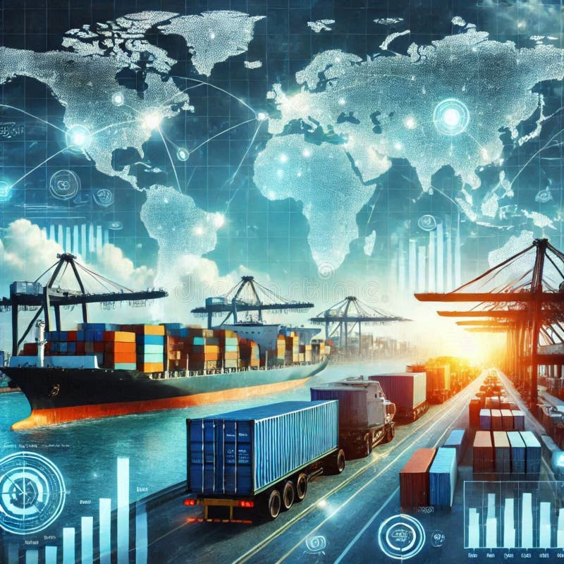 Visual Representation of Global Trade, Showcasing Trucks and Containers ...