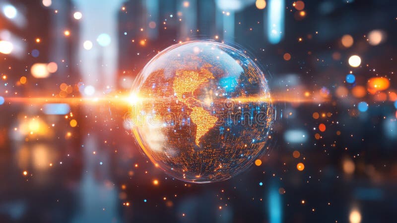 Visual Representation of a Glowing Globe Surrounded by City Lights and ...