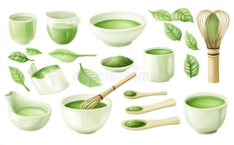 A Visual Representation of Green Tea Essentials Featuring Utensils ...