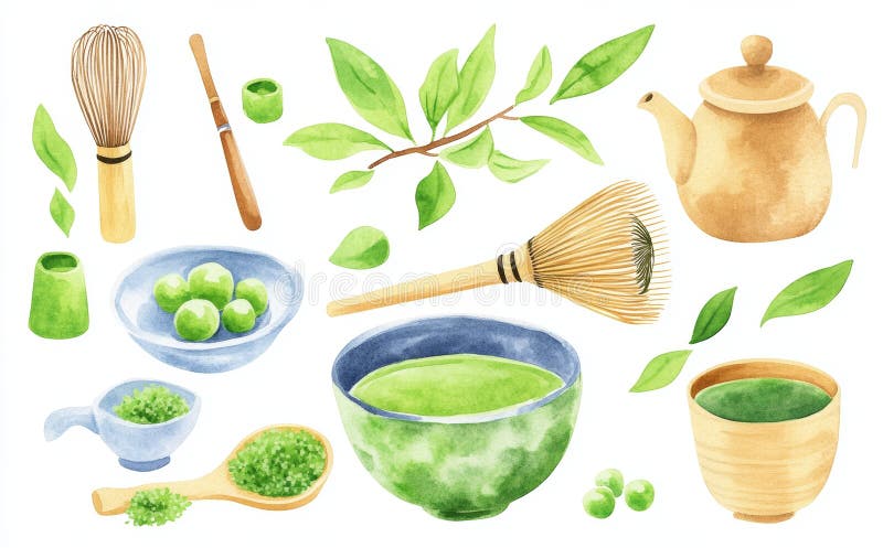 A Visual Representation of Green Tea Essentials, Such As Utensils ...