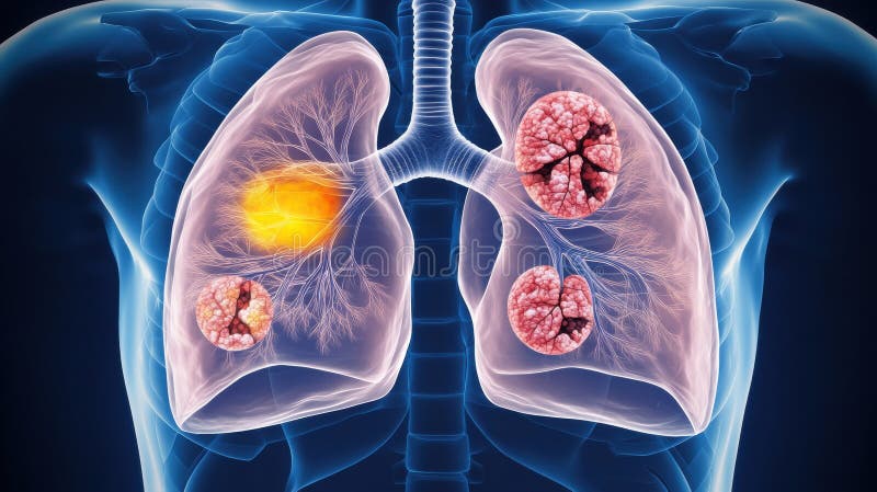 Detailed Illustration of Human Lungs Showing Healthy Tissue and Signs ...