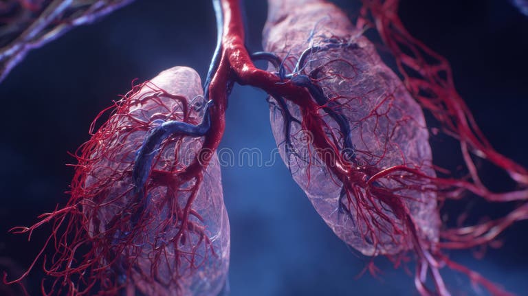 Detailed Illustration of Human Lungs Showcasing Blood Vessels and ...