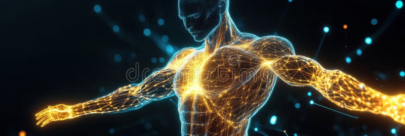 Muscle Structure Depicted in 3D Wireframe Mesh with Glowing Contours ...