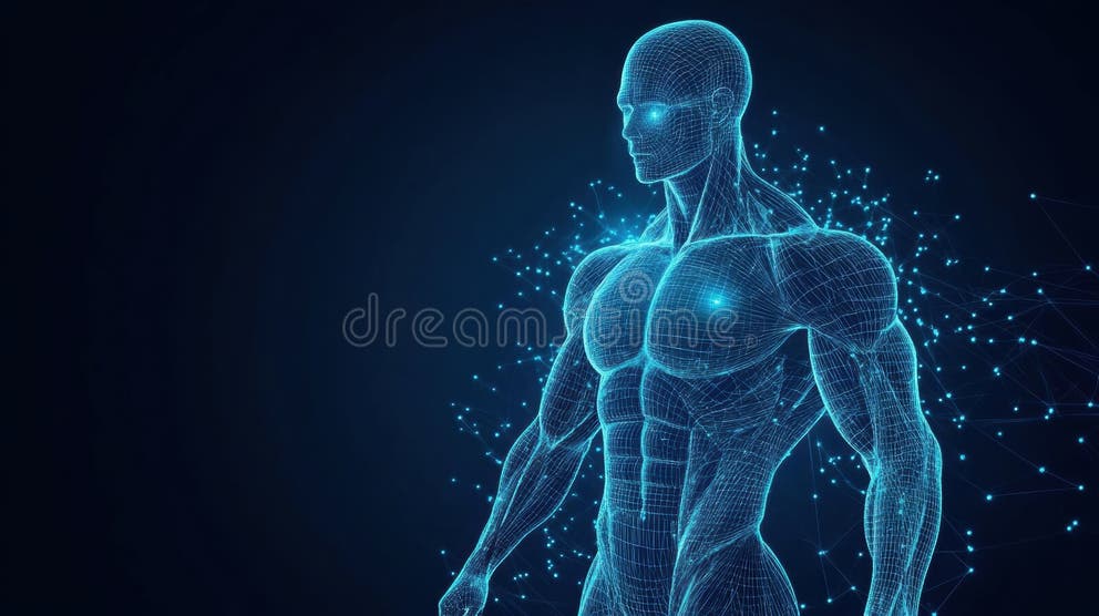 3D Wireframe Mesh Depicting Human Muscle Structure with Glowing ...