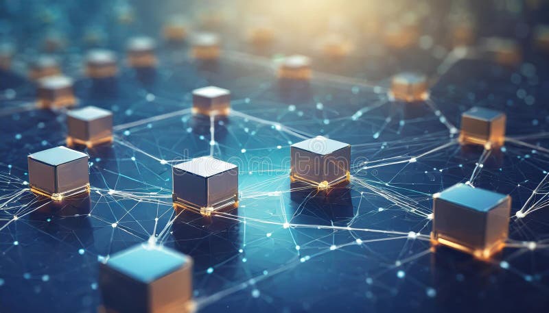 Illustration of a Connected Blockchain with Glowing Nodes Symbolizing Network Security and ...