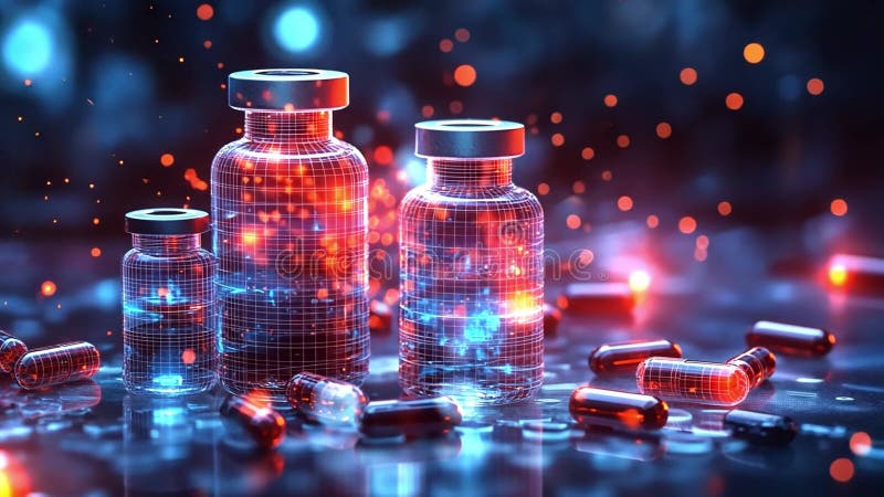 Visual Representation of Pharmaceutical Vials and Capsules Illuminated ...