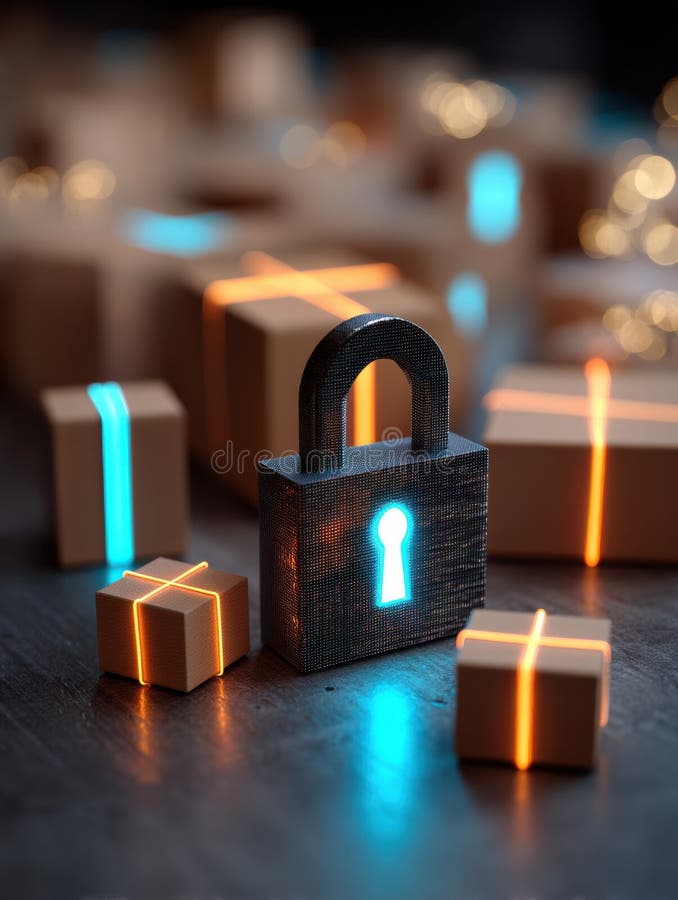 Secure Online Payment Concept Featuring Glowing Lock and Package Icons ...