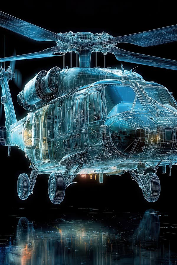 Wireframe Holographic Illustration of a Detailed Futuristic Helicopter ...