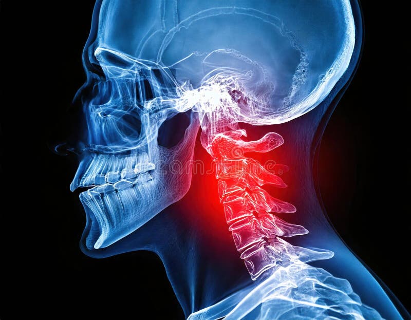 Detailed View of a Human Skull and Neck with Highlighted Cervical Spine ...
