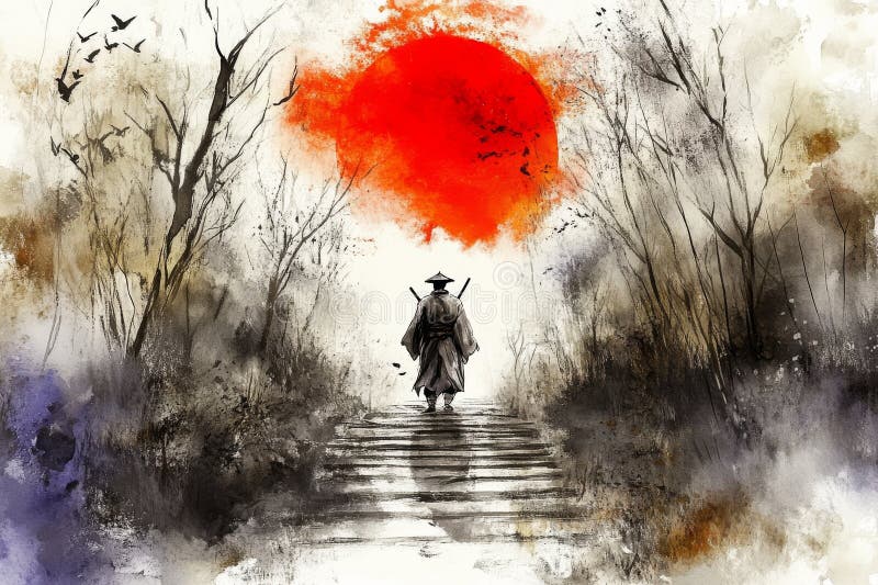 A Visual Representation Shows a Samurai on a Night-time Forest ...