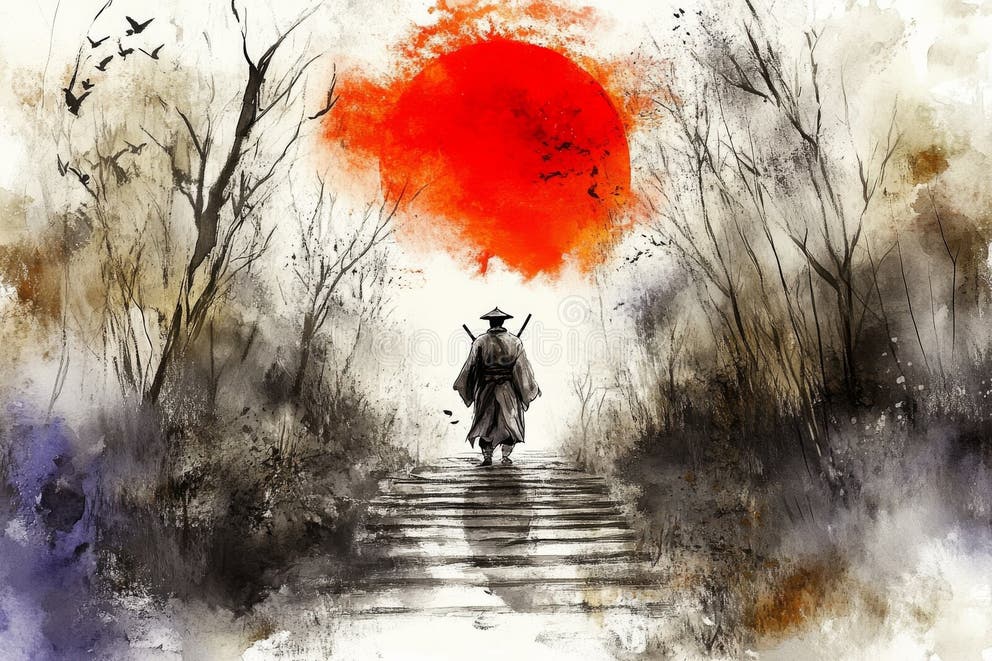 A Visual Representation Shows a Samurai on a Night-time Forest ...