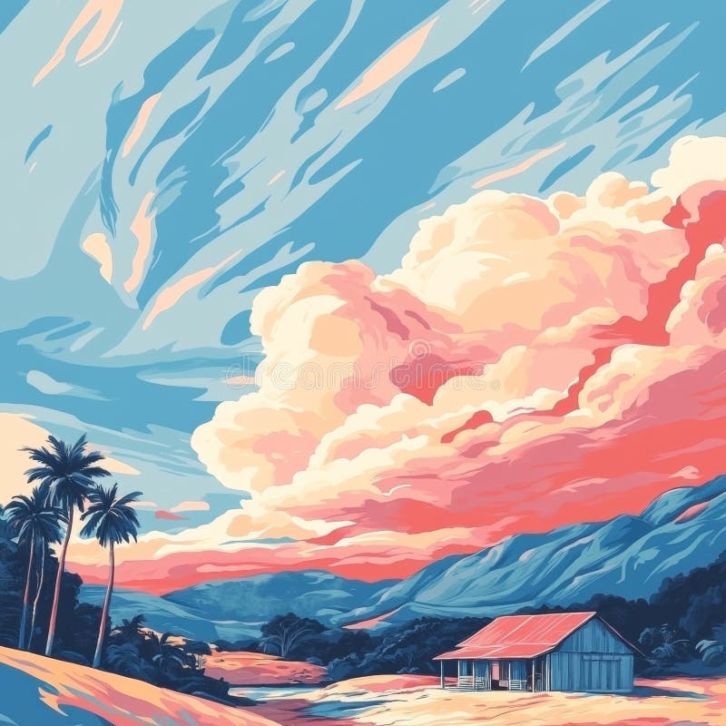 A Visual Representation of a Sunset, Complete with a Hut and Palm Trees ...