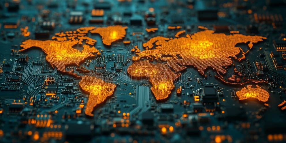 Visual Representation of a Technological World Map Designed on a Motherboard with Glowing ...