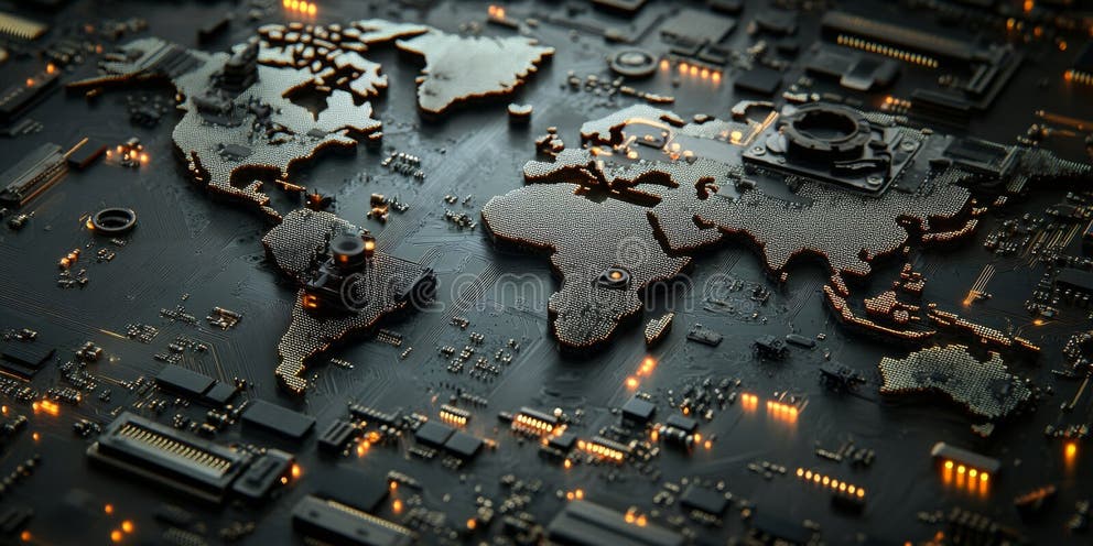 Visual Representation of a Technological World Map Designed on a Motherboard with Intricate ...