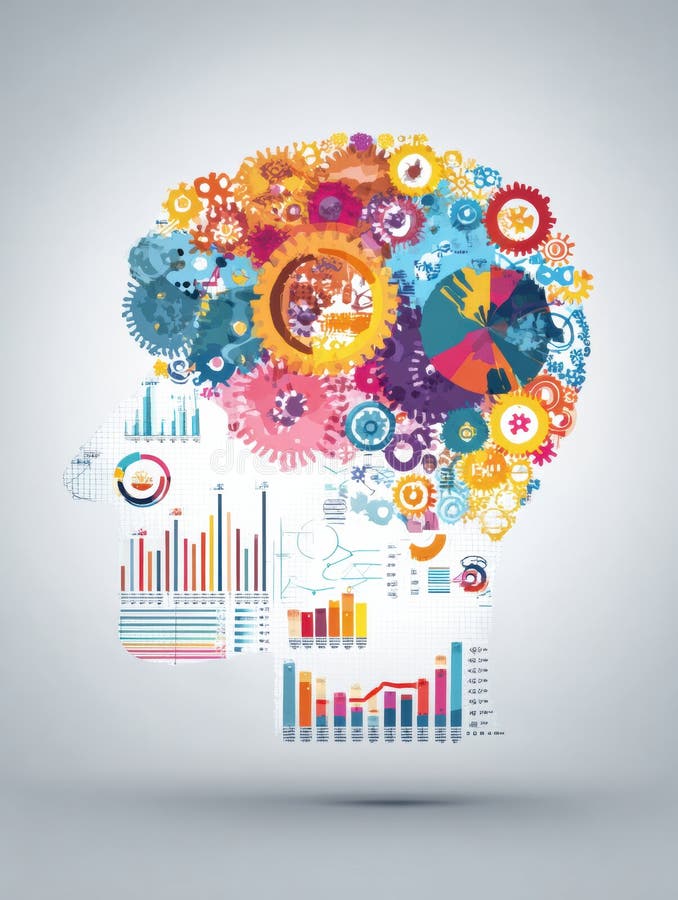 Visual Representation of Thought Processes through Colorful Gears and Charts Illustrating ...