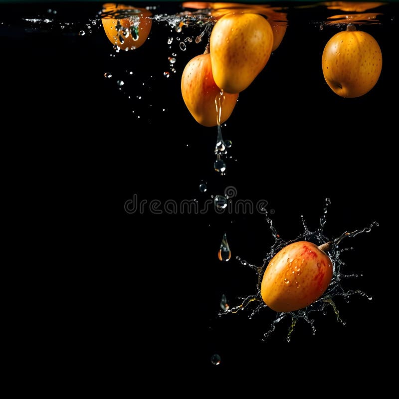 Vivid Mangoes Plunging into a Deep Black Tank, Creating Shiny Droplets ...