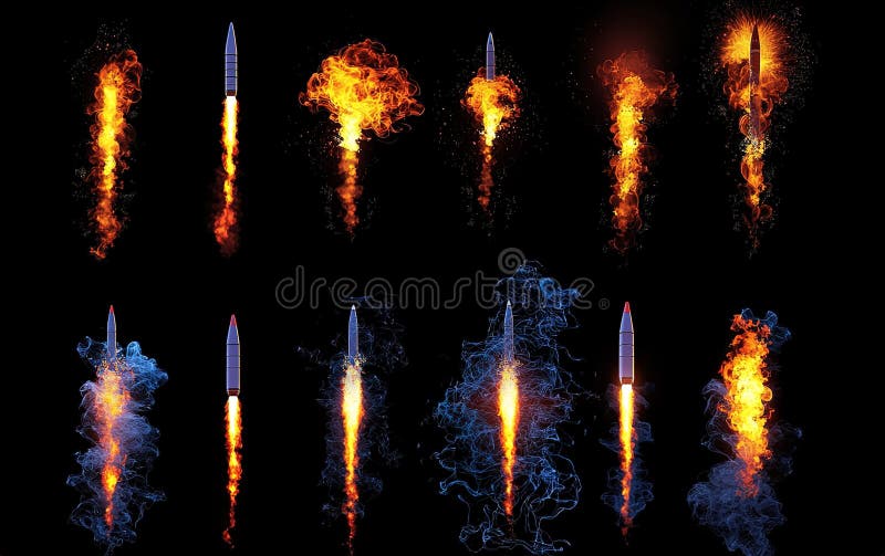 Visual Sequence of Rocket Launches Showcasing Flames, Smoke Trails, and ...